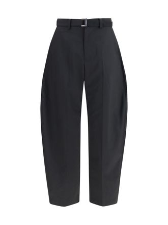 sacai Mens Tailored Wool Pants With Belt Black Polyester Trousers