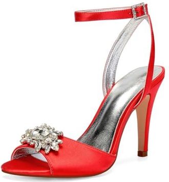 Generic 10.5CM Satin Stylet Femme &Eacute;t&eacute; Peep Toe Talons Hauts Sandales Mari&eacute;e Mariage Pompe Chaussures Soir&eacute;e Robe Chaussures,Rouge,40 EU