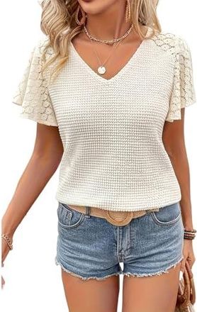 Generic Haut en tricot &agrave; col en V avec bordure en dentelle pour femme, texture gaufr&eacute;e, manches p&eacute;plum, dos boutonn&eacute;, abricot, XXL