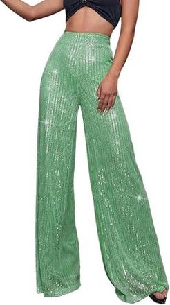 Generic Pantalon palazzo &agrave; paillettes taille haute pour femme, pantalon long pour f&ecirc;te, club, leggings larges, Vert, 4XL