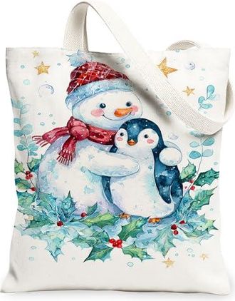 Generic Sacs fourre-tout en toile motif bonhomme de neige pingouin - R&eacute;utilisables - L&eacute;gers et lavables - Pour voyage, pique-nique - 33 x 38 cm