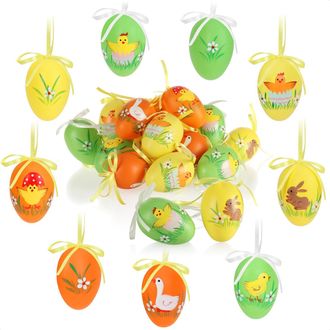 Com-Four 18x Ostereier zum Aufhängen 6 cm - Bunte Ostereier mit Blumen und Tieren - Hängedeko für den Osterstrauß (Küken/Hase - 01)