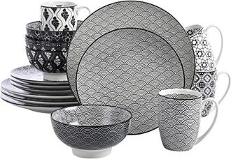 VANCASSO Vancasso, s&eacute;rie Haruka, 16 pi&egrave;ces, pour 4 personnes, 4 * assiette plate, 4 * assiette &agrave; dessert, 4 * bol c&eacute;r&eacute;al, 4 tasses, en porcelaine, style japona
