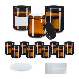 Relaxdays Salbentiegel, 12er Set, 240 ml, Braunglas, Tiegel mit Schraubdeckel, Abdeckscheiben, Etiketten, braun/schwarz