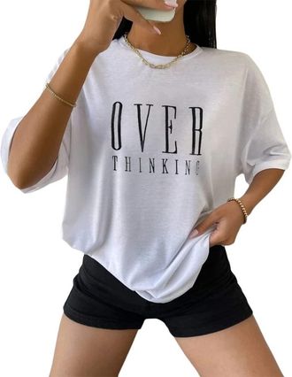 TOMWELL Damen Tshirt Kurzarm Sommer Oberteile Oversized T-Shirt mit Buchstaben Druck Lose Rundhals Sport Shirt Teenager M&auml;dchen Top Tunika Langp Tunika A Wei&szlig;