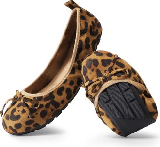 Dream Pairs Damen Ballerinas Faltbare runder Zehenpartie Schuhe weiche Slip-on Flachschuhe mit Schleife für Festliche Anlässe,Size 40.5,Leopard,SDFA2409W