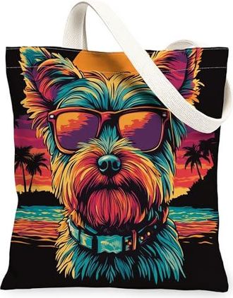Generic Summer Yorkie Sac fourre-tout en toile pour faire du shopping 33 x 38,1 cm, sac d&eacute;picerie r&eacute;utilisable pour femme, motif animal de compagnie r&eacute;tro, pe