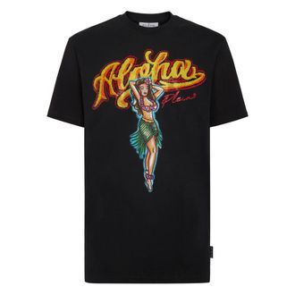 Philipp Plein Homme, Tops, Noir, Taille: XL T-Shirt Col Rond Hawaii