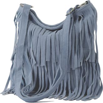 modamoda.de T125 Damen Leder Wildleder Schultertasche Umh&auml;ngetasche handmade in Italy, Farbe:Graublau