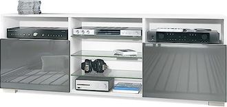 Vladon Meuble TV Granada, Lowboard avec 2 Portes et 6 Compartiments Ouverts, Corps Blanc Mat, façades en Gris Haute Brillance (146 x 54 x 35 cm)