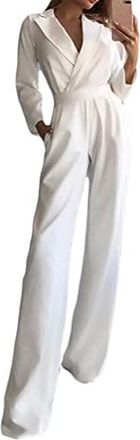 Minetom Femmes Combinaison Col en V Manches Longues Soirée Cocktail Jumpsuit Élégant Large Jambe Longue Pantalon Lâche Combishort A Blanc XL