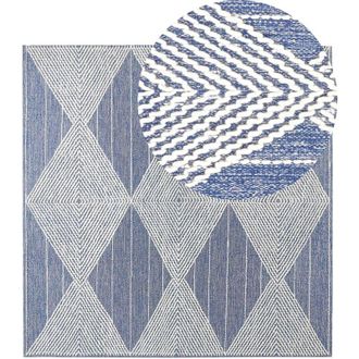 Beliani Teppich Hellbeige u. Blau Wolle Rechteckig 200x200 cm Geometrisches Muster Handgewebt Boho Skandinavisch Kurzflor Wohn- und Schlafzimmer