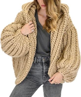 Onsoyours Femme Gilets Cardigan en Tricoté Veste Capuche Veste en Tricot Chaud Hiver Pull Ouvert Manteau Chaud Épais Blouson Gilet Grosse Maille Sweater Chandai