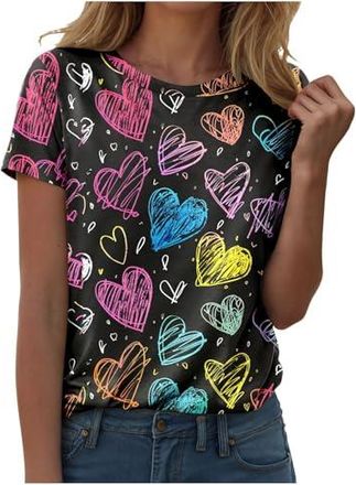 Generic T-shirt &agrave; col rond pour femme 2026 Saint-Valentin imprim&eacute; &agrave; manches courtes, rose, XXL