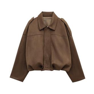 Generic Blouson bomber court d&eacute;contract&eacute; en daim synth&eacute;tique pour femme, col &agrave; revers, surdimensionn&eacute;, tendance, marron fonc&eacute;, XL