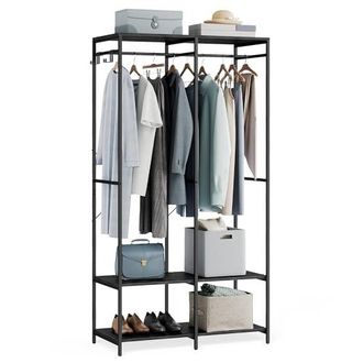 Songmics Kleiderschrank offen, Kleiderständer, Garderobenständer, Garderobe mit Kleiderstange, Ablagen, abnehmbare Haken, 40 x 94,5 x 180 cm, ebenholzschwarz R