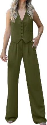 Generic Tenue d&eacute;contract&eacute;e 2 pi&egrave;ces pour femmes, gilet sans manches &agrave; boutons, chemise, pantalon droit &agrave; jambes larges avec poches (Army Green, XL)