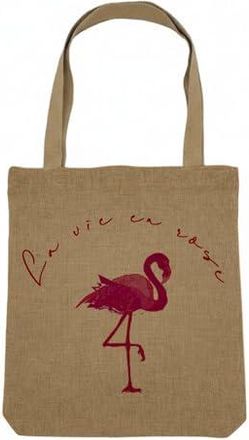 Fabulous Sac Shopping Tote Bag Aspect Lin - Flamant Rose la Vie en Rose Dessin Texte Rouge - Sac de Courses Toile Epaisse 360g Beige Naturel Cabas Port&eacute; Epaule