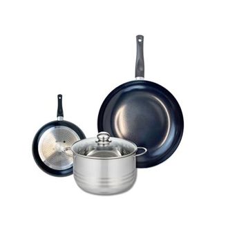 Fackelmann ELO 9728350 Batterie de cuisine 3 pièces, Ensemble de 2 Poêles de cuisson 20 et 32 cm et 1 faitout 24 cm Elo Prima Brillant, inox, induction