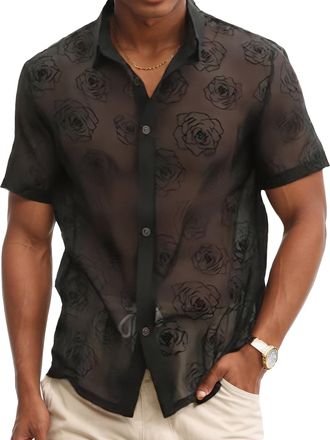 Feoya Herren Hemd Transparent Kurzarm Freizeithemd M&auml;nner Spitzenhemd Sommer L&auml;ssig Lace Shirt Outfit Nachtclub XXL Schwarz