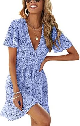ORANDESIGNE Femme Robe Eté Boho Coloré Floral Casual Mini Robe Plage Ete Robe de Vacances Robe de Plage Col V Florale Courte avec Ceinture F Bleu L