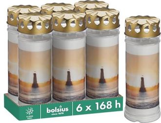 Bolsius Bolsius Grablicht - Weiß - 6 Stück - 20 x 7.5 cm - Leuchtturm - Länge Brenndauer 7 Tage - Trauerkerze & Gedenkstätte Kerzen - mit Motiv - Unparfümiert