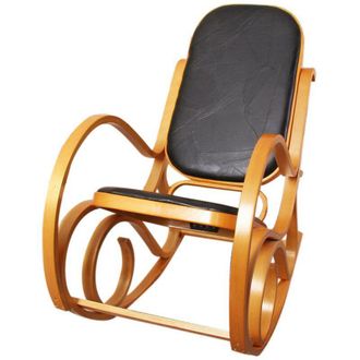Hhg Schaukelstuhl Gallarate, Schwingsessel Fernsehsessel, Massiv-Holz Eiche-Optik, Patchworkleder schwarz