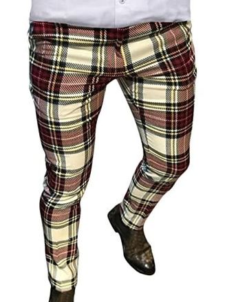 TOMWELL Pantalons Homme D&eacute;contract&eacute; &agrave; Carreaux Pantalon Classique Slim Pantalon Vintage Homme Taille Haute Pantalon Chino Rouge S