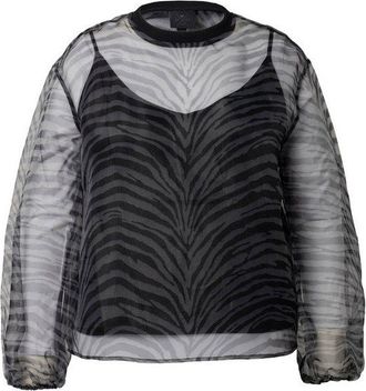 Ulla Popken Satinbluse Bluse Animalmuster doppellagig Rundhals Langarm