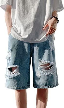 ORANDESIGNE Jean Shorts Ample pour Homme Denim Pantalons Courts en Jean Used Look Destroyed Bermuda Short en Jean Déchiré E Bleu 3XL