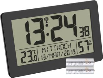 TFA Dostmann 60.2557.01 Digitale Funkuhr mit Raumklima und Hintergrundbeleuchtung (schwarz mit Batterien)