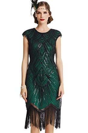 Babeyond Robe Flapper 1920 Femme Robe Frangée avec Paillette Robe Perlée Gatsby sans Manche pour Occasion de Fête Bal Soirée Art Déco Tango Latine - Vert - Tai