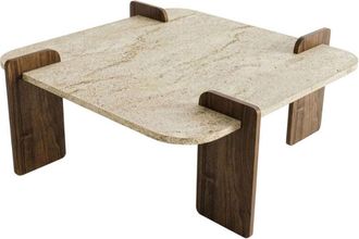 DRAWER Table basse en bois et effet travertin 90x90cm - Beige - Soleni