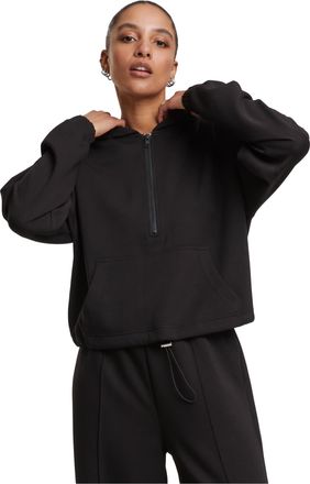 Urban Classics Damen Soft Touch Zip Hoodie - Cropped Kapuzenpullover mit Half-Zip, Tunnelzug am Saum, K&auml;ngurutasche, weicher Baumwollmix, Schwarz, XL
