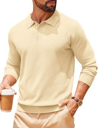 Coofandy Pull col Polo Homme Manches Longues Hiver Thermique tricot&eacute; Slim fit Old Money &eacute;l&eacute;gant Beige XXL