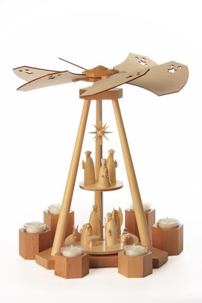Rudolphs Schatzkiste Moderne Weihnachtspyramide Delta mit Weihnachtsgeschichte - Zweist&ouml;ckige Teelichtpyramide aus Holz BxHxT 25x39x21cm NEU Weihnachtspyramide Delta Teeli