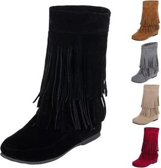 Generic Bottes de cowboy plates en daim &agrave; bout rond &agrave; franges mi-mollet pour femme, bottes de cowboy tendance, r&eacute;tro, &eacute;l&eacute;gantes, vintage, &eacute;quitation, motard o