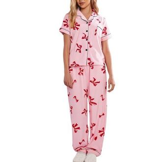 Generic Pyjama imprim&eacute; avec noeud pour femme avec poche &agrave; boutons, style mignon 2026, Rouge, XL