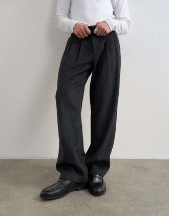 Topman Wide-Leg-Hose mit Struktur und Bundfalten in Anthrazit-Grau