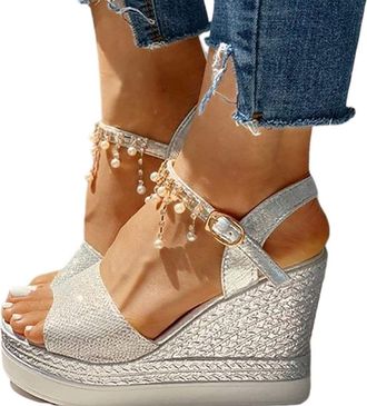 Onsoyours Sandalen Damen Plateau Keilsandalen Frauen Sandaletten Keilabsatz Sommerschuhe Platform Strassperle Knöchelriemen Sandalen A Silber 37 EU