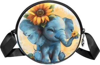Generic Sac &agrave; bandouli&egrave;re rond pour femme, motif &eacute;l&eacute;phant, tournesol, petit sac &agrave; bandouli&egrave;re avec fermeture &eacute;clair, bretelles r&eacute;glables, sac &agrave; main rond d&eacute;co