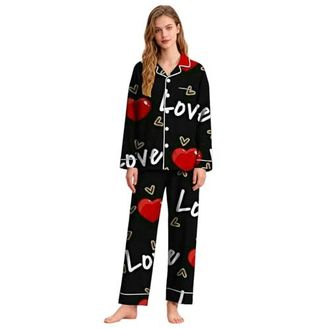 Generic Ensemble de pyjama 2 pi&egrave;ces en satin de soie pour femme - Haut &agrave; manches longues boutonn&eacute; &agrave; revers avec pantalon long - V&ecirc;tement de d&eacute;tente confortabl