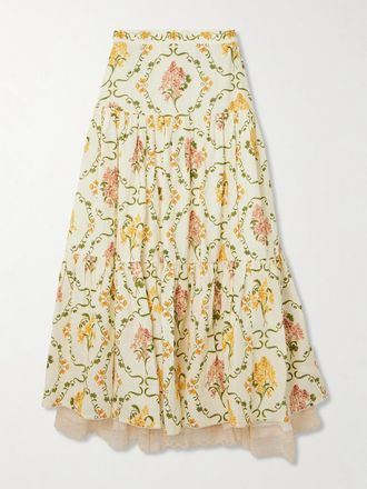 Agua Bendita Jupe Longue En Lin &Agrave; Imprim&eacute; Fleuri Et &Agrave; Finitions En Dentelle Anis Cordillera - Multicolore