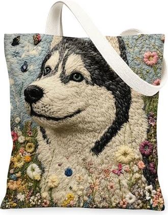 Generic Sac fourre-tout en toile motif chien malamutes de lAlaska pour le shopping 33 x 38 cm, sac d&eacute;picerie r&eacute;utilisable &agrave; motif floral pour femme, peinture 