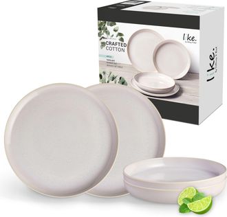 like. by Villeroy & Boch Crafted Cotton Dinner-Set 4 teilig Weiß, Spülmaschinenfest, Mikrowellensicher, Geschirrset, Tafelservice Modern, Speiseteller, Tiefe Teller, Pottery-L
