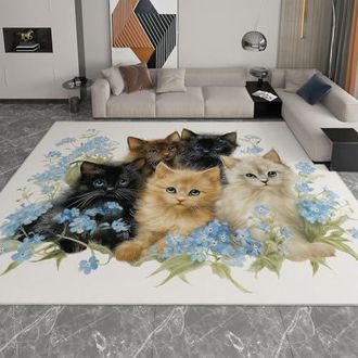 Generic Tapis de Salon Lavable en Machine 160 x 230 cm, Tapis &agrave; Faible Poil Antid&eacute;rapant avec Imprim&eacute; Aquarelle Floral Animal Chat - pour la Chambre &agrave; Coucher