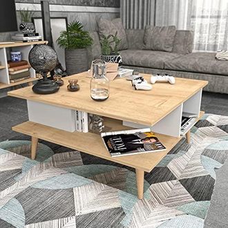 Hanah Home Modern Coffee Table, Oak & White, 89 x 89 x 44 cm | 100% Melamine Coated Particle Board, 18 mm Thick | Stylish & Functional for Any Living Space
