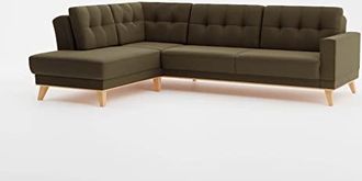 Cavadore Ecksofa Lima mit Ottomane / Couch in L-Form mit Schlaffunktion + Bettkasten / Holzrahmen + Steppung im Rücken / Strukturstoff, Grün