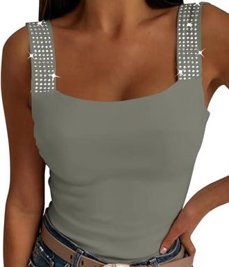 Generic D&eacute;bardeur pour femme - En coton - D&eacute;contract&eacute; - &Eacute;l&eacute;gant - Avec strass - A&eacute;r&eacute; - Camisole - Sans manches - &Eacute;lastique - Sans manches - Y2K - L&eacute;ger - Coup