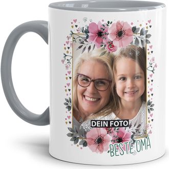 Tassendruck Keramik Tasse - Beste Oma - mit Foto selbst gestalten - Geschenk für die beste Oma, Geburtstag, Weihnachten I Personalisiert, Grau, 300 ml
